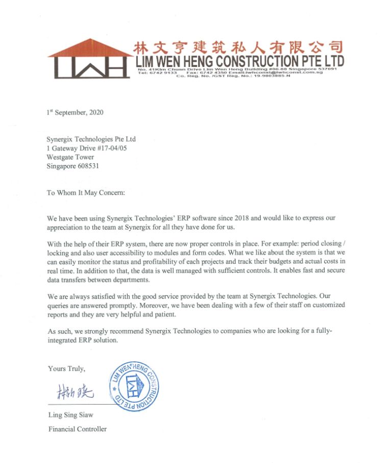 Lim Wen Heng Construction Pte Ltd - Synergix Technologies ERP System ...