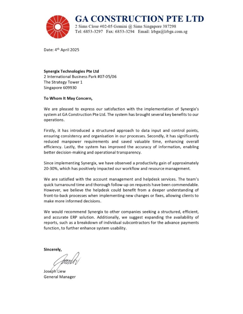 GA Construction Pte Ltd - Synergix Technologies ERP System - Synergix ...